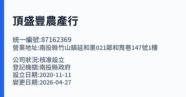 頂盛豐農產行的照片-統編 87162369(南投縣) 公司登記資料與營業項目詳細圖表
