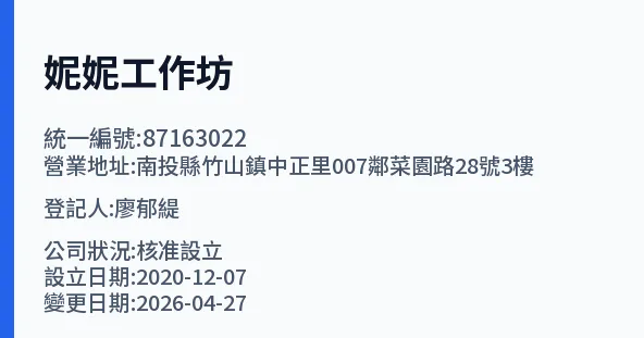 妮妮工作坊的照片-統編 87163022(南投縣) 公司登記資料與營業項目詳細圖表