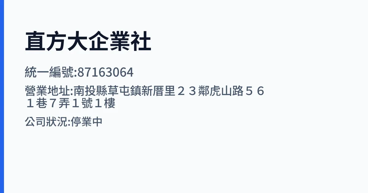 直方大企業社 - 統編 87163064(南投縣) 公司登記資料與營業項目詳細圖表
