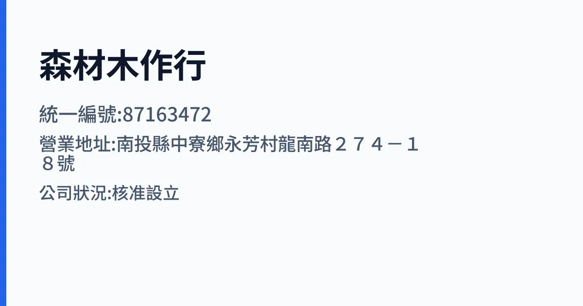 森材木作行 - 統編 87163472(南投縣) 公司登記資料與營業項目詳細圖表