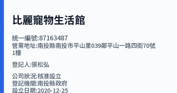比麗寵物生活館的照片-統編 87163487(南投縣) 公司登記資料與營業項目詳細圖表
