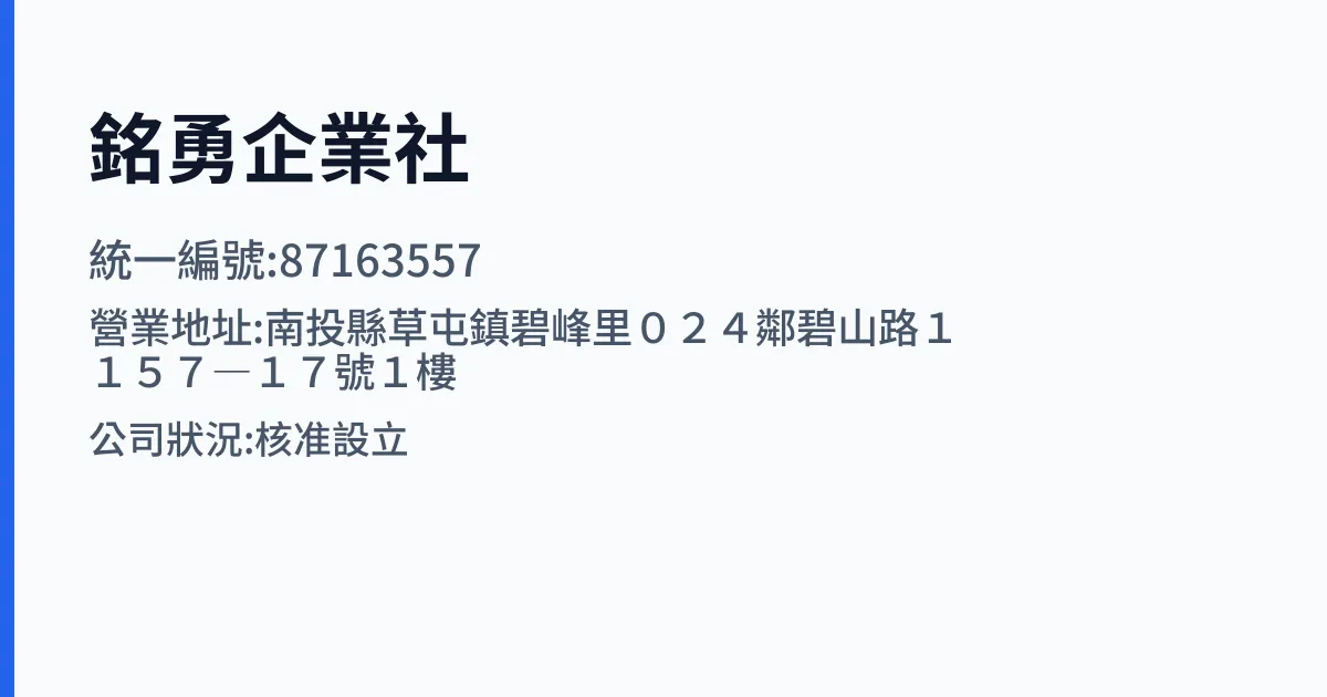 銘勇企業社 - 統編 87163557(南投縣) 公司登記資料與營業項目詳細圖表