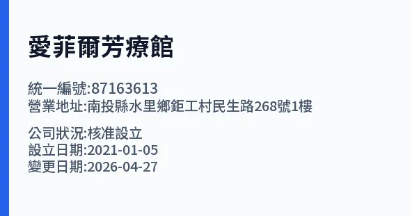愛菲爾芳療館的照片-統編 87163613(南投縣) 公司登記資料與營業項目詳細圖表