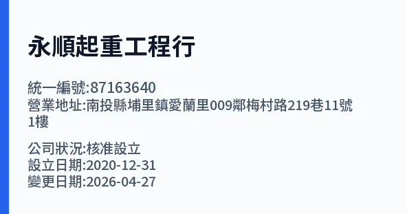 永順起重工程行的照片-統編 87163640(南投縣) 公司登記資料與營業項目詳細圖表