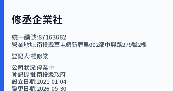 修丞企業社的照片-統編 87163682(南投縣) 公司登記資料與營業項目詳細圖表