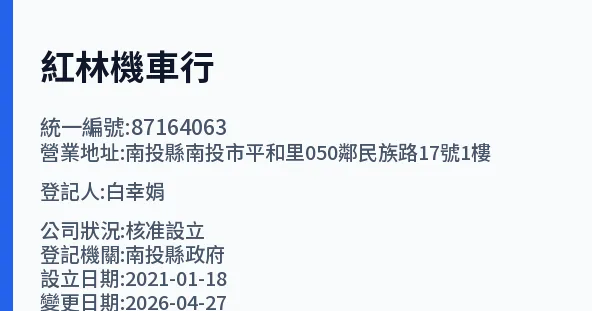 紅林機車行的照片-統編 87164063(南投縣) 公司登記資料與營業項目詳細圖表