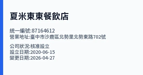 夏米東東餐飲店的照片-統編 87164612(臺中市) 公司登記資料與營業項目詳細圖表
