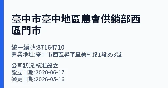 臺中市臺中地區農會供銷部西區門市的照片-統編 87164710(臺中市) 公司登記資料與營業項目詳細圖表