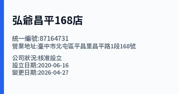 弘爺昌平168店的照片-統編 87164731(臺中市) 公司登記資料與營業項目詳細圖表