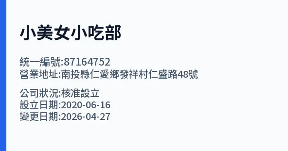 小美女小吃部的照片-統編 87164752(南投縣) 公司登記資料與營業項目詳細圖表