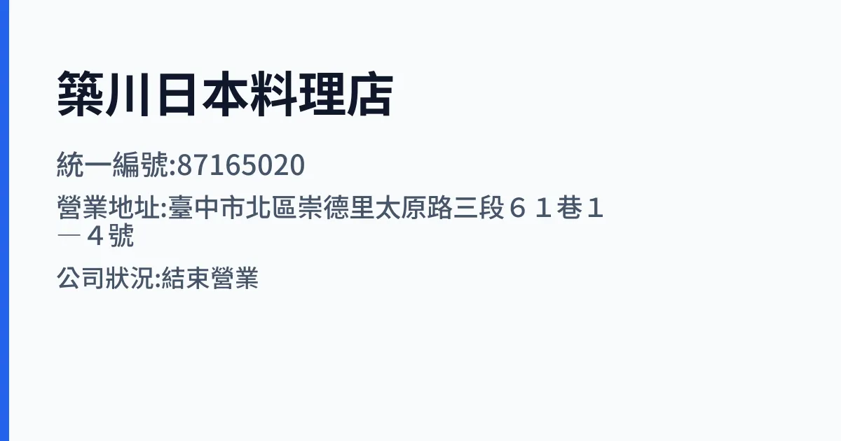 築川日本料理店 - 統編 87165020(臺中市) 公司登記資料與營業項目詳細圖表