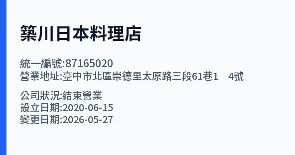 築川日本料理店的照片-統編 87165020(臺中市) 公司登記資料與營業項目詳細圖表