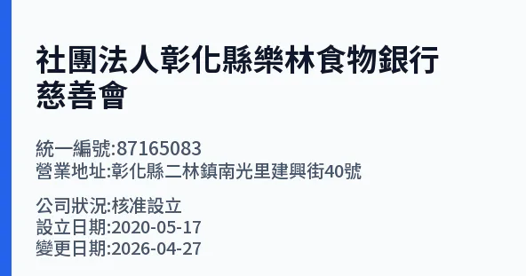 社團法人彰化縣樂林食物銀行慈善會的照片-統編 87165083(彰化縣) 公司登記資料與營業項目詳細圖表