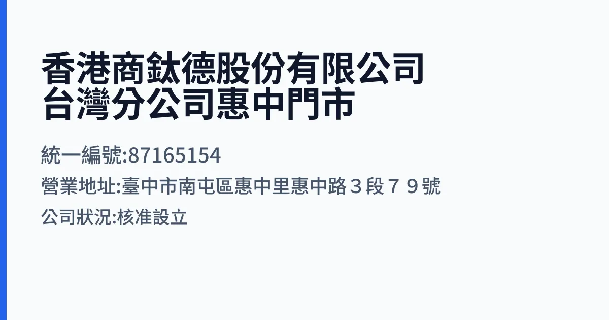 香港商鈦德股份有限公司台灣分公司惠中門市 - 統編 87165154(臺中市) 公司登記資料與營業項目詳細圖表