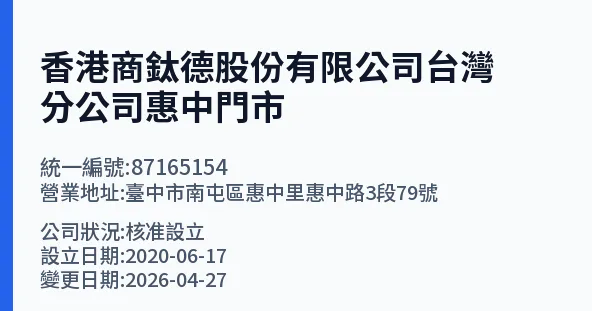 香港商鈦德股份有限公司台灣分公司惠中門市的照片-統編 87165154(臺中市) 公司登記資料與營業項目詳細圖表
