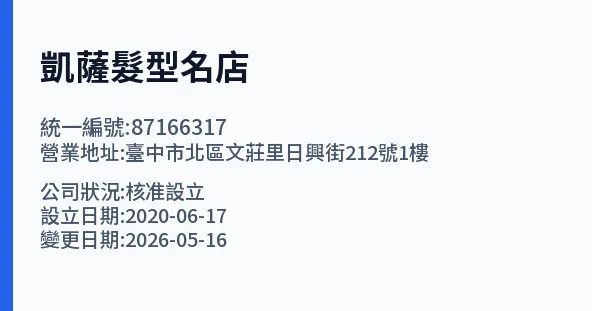 凱薩髮型名店的照片-統編 87166317(臺中市) 公司登記資料與營業項目詳細圖表