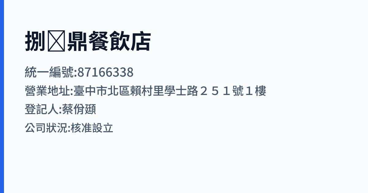 捌镹鼎餐飲店 - 統編 87166338(臺中市) 公司登記資料與營業項目詳細圖表