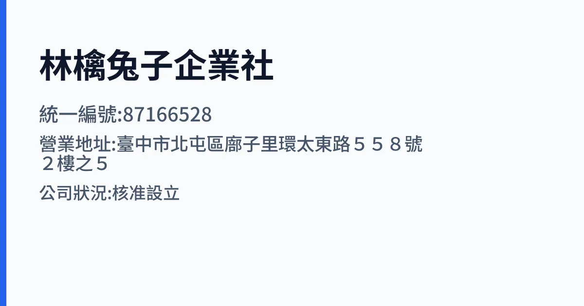 林檎兔子企業社 - 統編 87166528(臺中市) 公司登記資料與營業項目詳細圖表