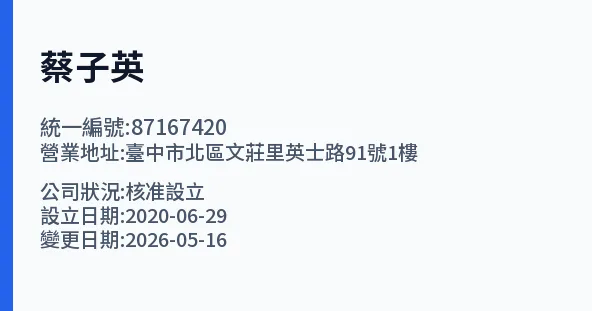 蔡子英的照片-統編 87167420(臺中市) 公司登記資料與營業項目詳細圖表