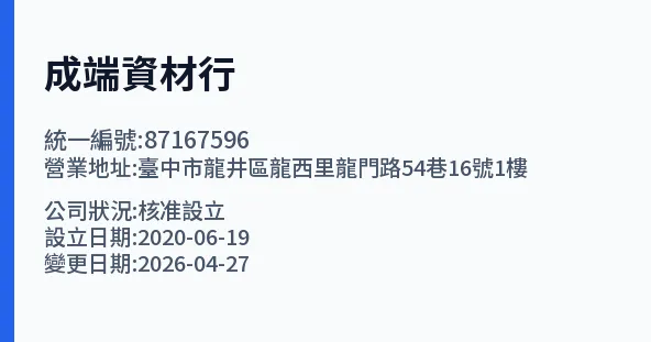 成端資材行的照片-統編 87167596(臺中市) 公司登記資料與營業項目詳細圖表