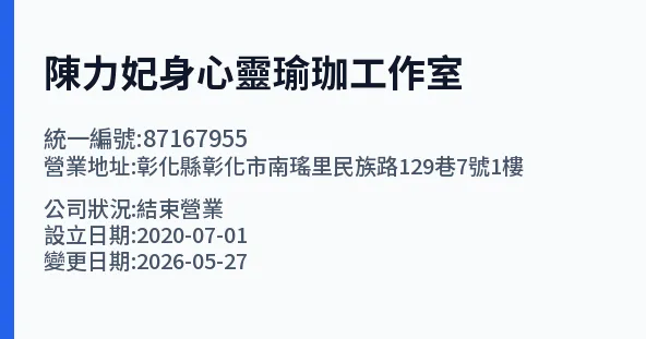 陳力妃身心靈瑜珈工作室的照片-統編 87167955(彰化縣) 公司登記資料與營業項目詳細圖表
