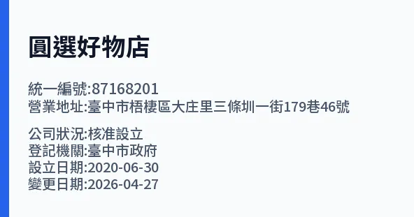 圓選好物店的照片-統編 87168201(臺中市) 公司登記資料與營業項目詳細圖表