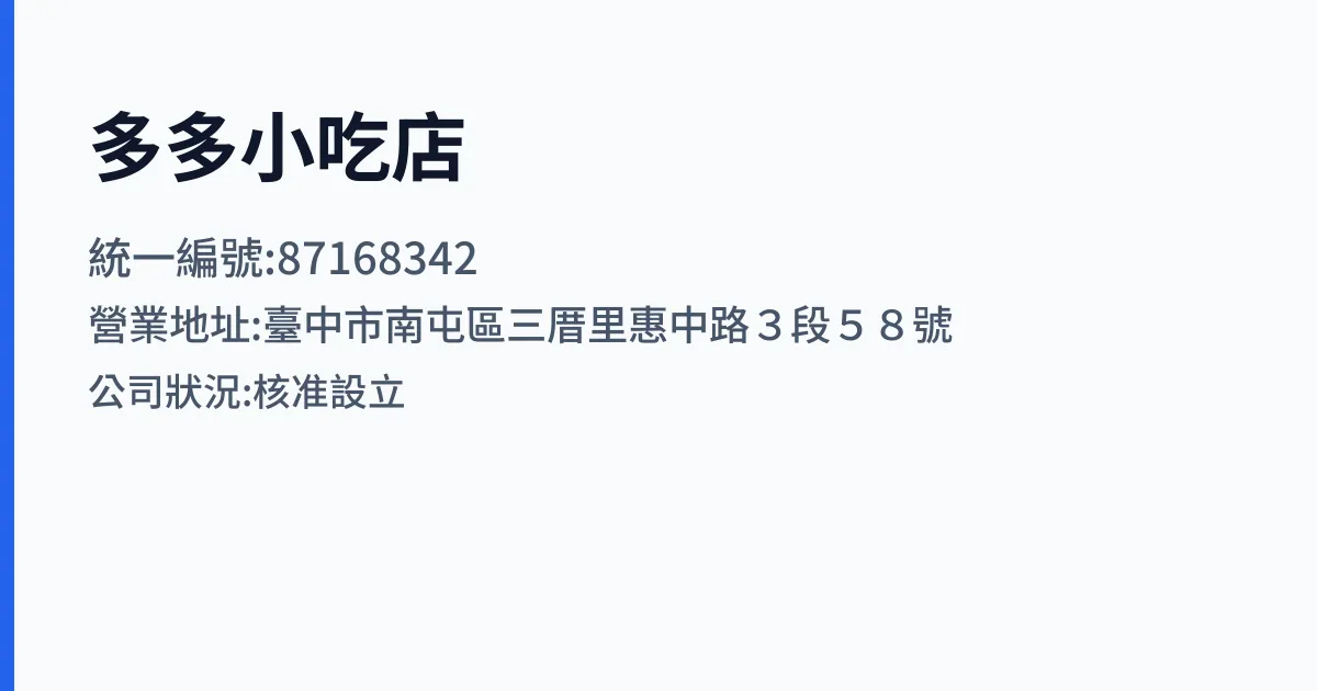 多多小吃店 - 統編 87168342(臺中市) 公司登記資料與營業項目詳細圖表