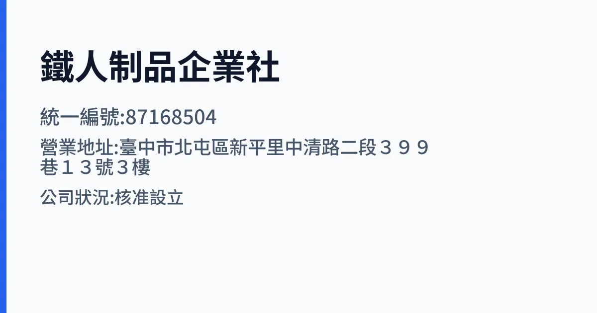 鐵人制品企業社 - 統編 87168504(臺中市) 公司登記資料與營業項目詳細圖表