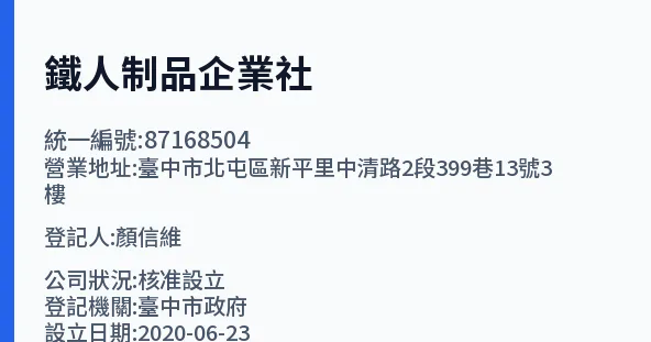 鐵人制品企業社的照片-統編 87168504(臺中市) 公司登記資料與營業項目詳細圖表