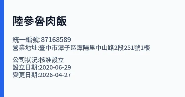陸參魯肉飯的照片-統編 87168589(臺中市) 公司登記資料與營業項目詳細圖表