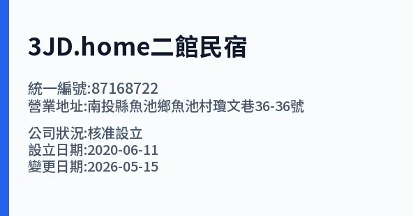 3JD.home二館民宿的照片-統編 87168722(南投縣) 公司登記資料與營業項目詳細圖表