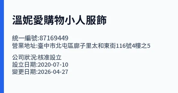 溫妮愛購物小人服飾的照片-統編 87169449(臺中市) 公司登記資料與營業項目詳細圖表
