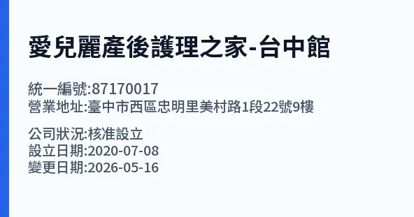 愛兒麗產後護理之家-台中館的照片-統編 87170017(臺中市) 公司登記資料與營業項目詳細圖表