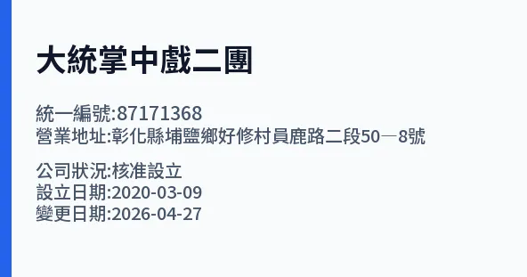 大統掌中戲二團的照片-統編 87171368(彰化縣) 公司登記資料與營業項目詳細圖表