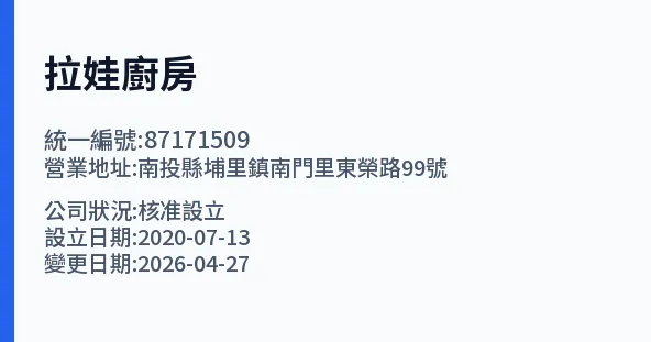 拉娃廚房的照片-統編 87171509(南投縣) 公司登記資料與營業項目詳細圖表