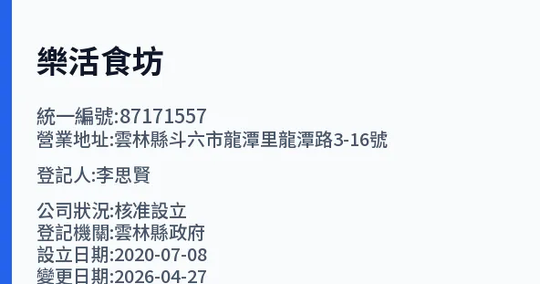 樂活食坊的照片-統編 87171557(雲林縣) 公司登記資料與營業項目詳細圖表