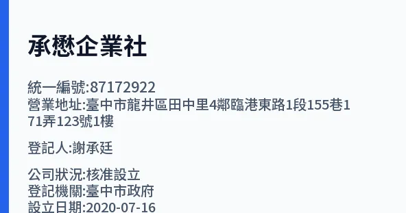 承懋企業社的照片-統編 87172922(臺中市) 公司登記資料與營業項目詳細圖表