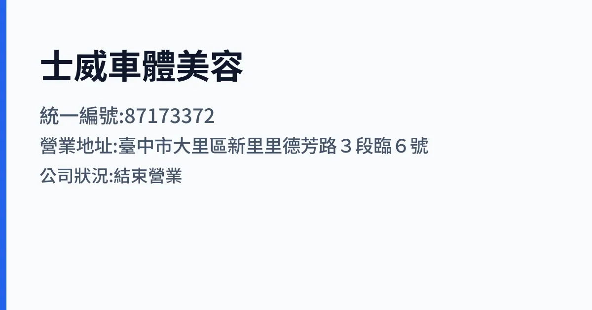 士威車體美容 - 統編 87173372(臺中市) 公司登記資料與營業項目詳細圖表