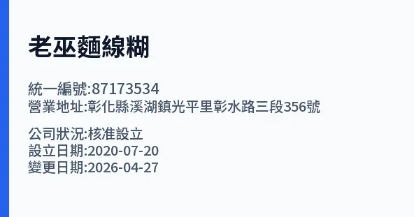 老巫麵線糊的照片-統編 87173534(彰化縣) 公司登記資料與營業項目詳細圖表