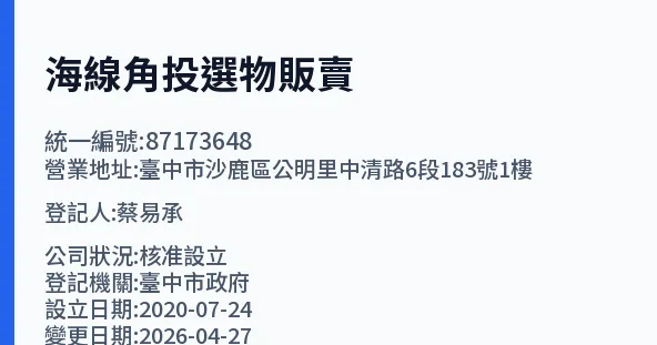 海線角投選物販賣的照片-統編 87173648(臺中市) 公司登記資料與營業項目詳細圖表