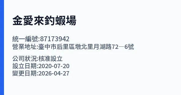 金愛來釣蝦場的照片-統編 87173942(臺中市) 公司登記資料與營業項目詳細圖表