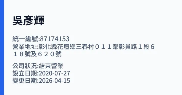 吳彥輝的照片-統編 87174153(彰化縣) 公司登記資料與營業項目詳細圖表