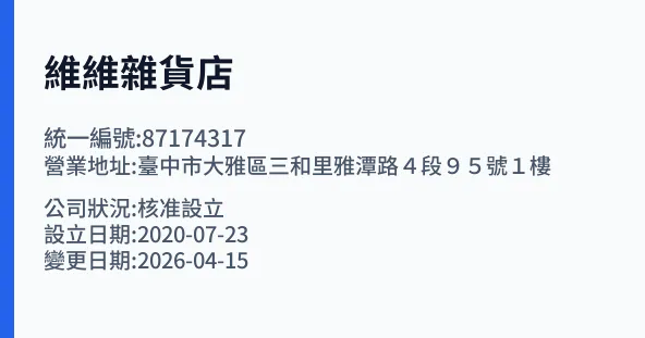 維維雜貨店的照片-統編 87174317(臺中市) 公司登記資料與營業項目詳細圖表