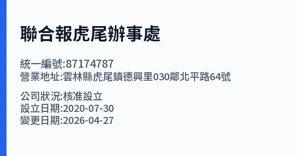 聯合報虎尾辦事處的照片-統編 87174787(雲林縣) 公司登記資料與營業項目詳細圖表