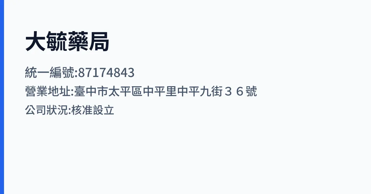 大毓藥局 - 統編 87174843(臺中市) 公司登記資料與營業項目詳細圖表