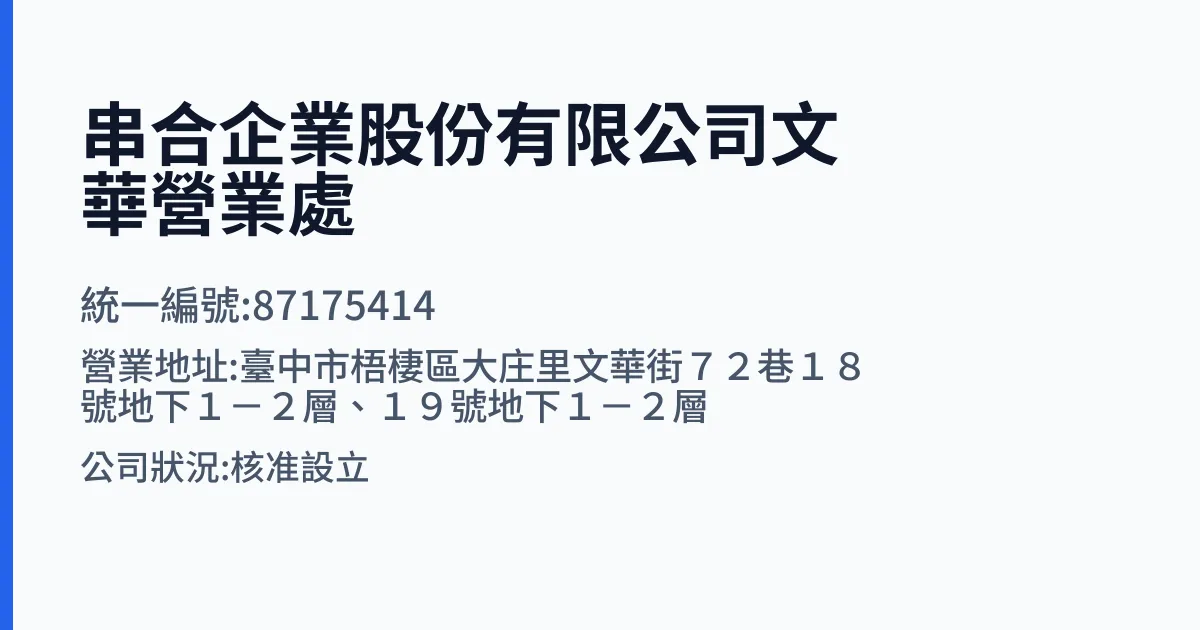 串合企業股份有限公司文華營業處 - 統編 87175414(臺中市) 公司登記資料與營業項目詳細圖表