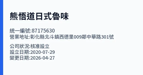 熊悟道日式魯味的照片-統編 87175630(彰化縣) 公司登記資料與營業項目詳細圖表