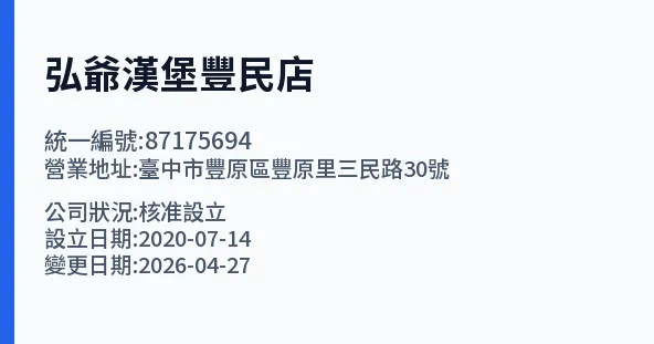 弘爺漢堡豐民店的照片-統編 87175694(臺中市) 公司登記資料與營業項目詳細圖表