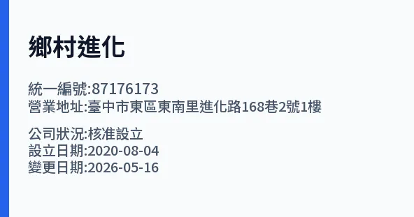 鄉村進化的照片-統編 87176173(臺中市) 公司登記資料與營業項目詳細圖表
