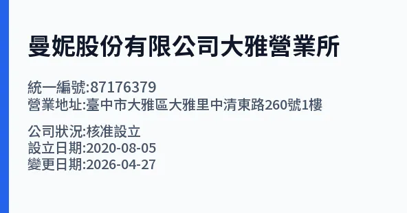 曼妮股份有限公司大雅營業所的照片-統編 87176379(臺中市) 公司登記資料與營業項目詳細圖表